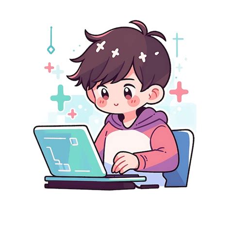 Premium Photo A Sticker Of A Boy Coding On A Computer Anime S Creative Design Bold Line Cute