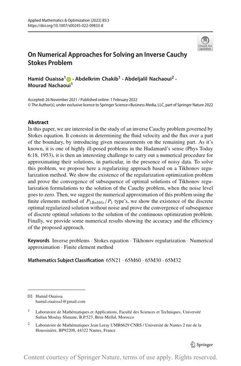 On Numerical Approaches For Solving An Inverse Cauchy Stokes Problem Request Pdf