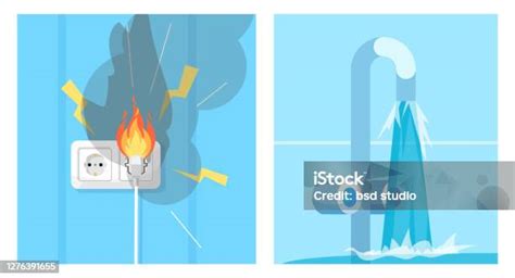 결함이 있는 와이어 및 깨진 수돗물 세미 플랫 Rgb 컬러 벡터 일러스트레이션 세트 콘센트에 대한 스톡 벡터 아트 및 기타