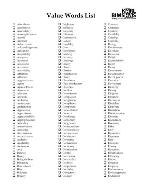 Value Words List