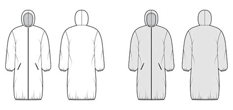 후드 재킷 다운 퍼퍼 코트 테크니컬 패션 일러스트와 지퍼 업 클로저 포켓 박시 핏 무릎 길이 0명에 대한 스톡 벡터 아트 및 기타 이미지 Istock