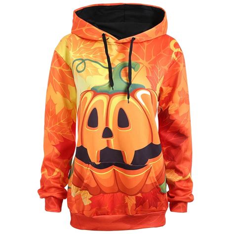 Plus Size Halloween Pumpkin Maple Hoodie Orange 3137497116