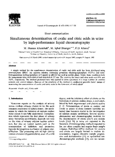 Pdf Simultaneous Determination Of Oxalic And Citric Acids In Urine By High Performance Liquid