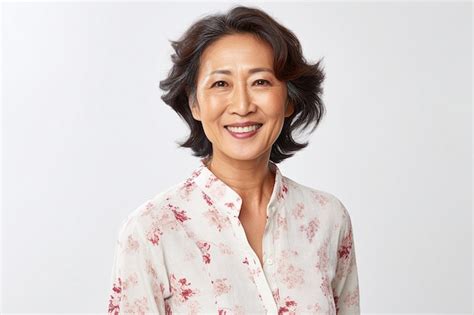 Premium Ai Image Lovely Mid Aged Japanese Mother In A Soft Floral Blouse On White Background