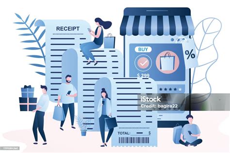상점 응용 프로그램과 휴대 전화 영수증 청구서와 다양 한 사람 쇼핑 백 선물 긴 종이 송장 쇼핑에 대한 스톡 벡터 아트 및 기타 이미지 Istock