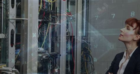 Cyber Security Data Processing Against Portrait Of Caucasian Female Engineer Smiling In Server