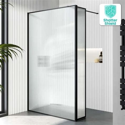 Munich Fluted Black Wet Room Glass 1200mm 250mm Pivot Framed