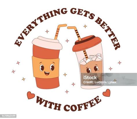 귀여운 커플 복고풍 캐릭터 커피 테이크아웃 종이컵 멋진 재미있는 마스코트 음료 디자인 엽서 장식 인쇄를 위한 벡터 그림 아이스 커피에 대한 스톡 벡터 아트 및 기타 이미지