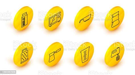 세트 라인 전기 믹서 측정 컵 커피 터크 강판 프라이팬 전자 레인지 및 우유 아이콘종이 패키지 벡터 3차원 형태에 대한 스톡 벡터 아트 및 기타 이미지 Istock