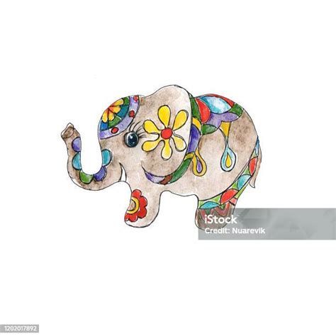 수채화 손 그린 예술 복고풍 인도 Ornated 아기 코끼리 빈티지 아이콘 흰색 배경에 고립 다중 색상에 대한 스톡 벡터 아트 및 기타 이미지 Istock