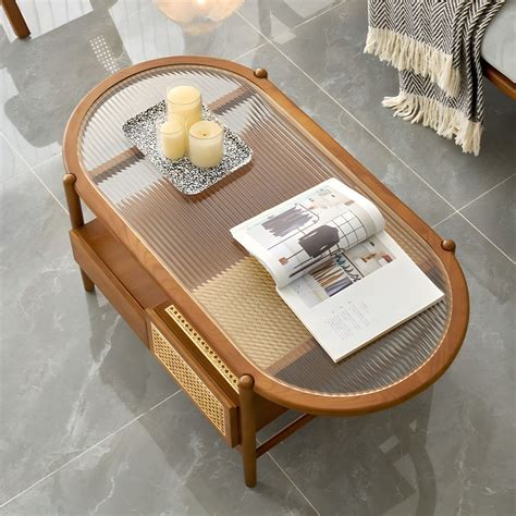Modern Oval Glass Top Coffee Table With Shelf And 4 Drawers Cocktail Table Walnut Coffee Tables