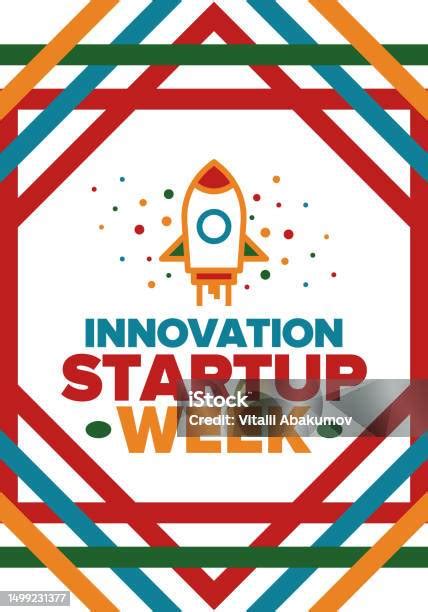 혁신 스타트업 주간 미래의 성공을 위한 비즈니스 이벤트 기술 개발 신생 기업 재정 및 후원 검색 기업을 위한 창의적인 마케팅 전략 리더십 컨퍼런스 벡터 로켓입니다 배너