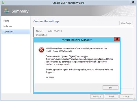 Vm Network Wizard Fails With Errorcode 12416