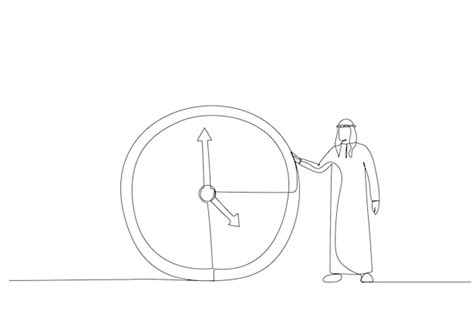 아랍 사업가 또는 관리자의 그림은 큰 시계 시간 관리 개념 단일 라인 아트 스타일 근처에 서 있습니다 프리미엄 벡터