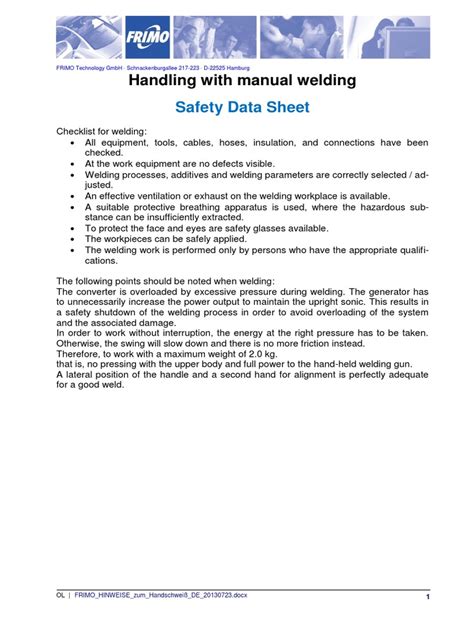 Handling With Manual Welding Safety Data Sheet Pdf