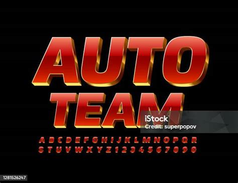 벡터 엘리트 로고 자동 팀 빨간색과 금 빛나는 알파벳 문자 및 숫자 세트 그래픽 프린트에 대한 스톡 벡터 아트 및 기타 이미지