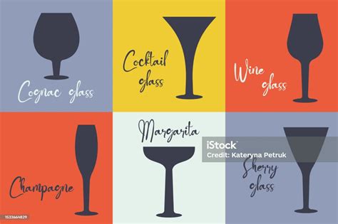 알코올 음료 칵테일 잔 및 텍스트를 위한 안경이 있는 현대적인 컬러 카드 세트 샴페인 브랜디 위스키 코냑 포트 와인 진을 위한