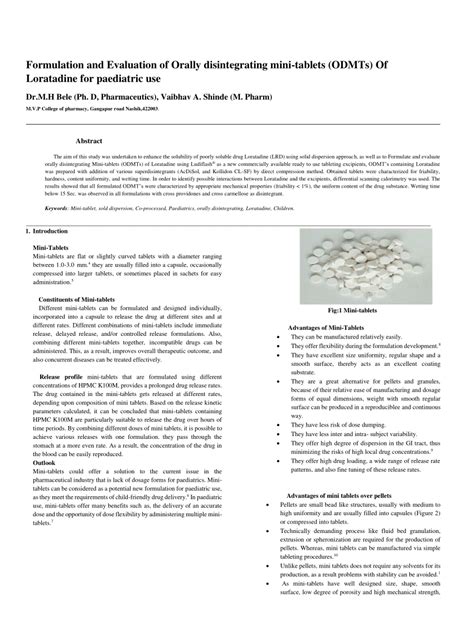 Pdf Formulation And Evaluation Of Orally Disintegrating Mini Tablets Odmts Of Loratadine For