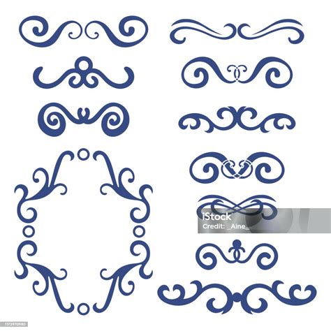 파란색 추상 곱슬 머리의 집합 흰색 배경에 격리 된 디자인 요소 설정 손으로 그린 네이 비 블루 소용돌이 꽃 둥근 프레임 화환 칸막이 서예 모양 벡터 그림입니다 개체 그룹에