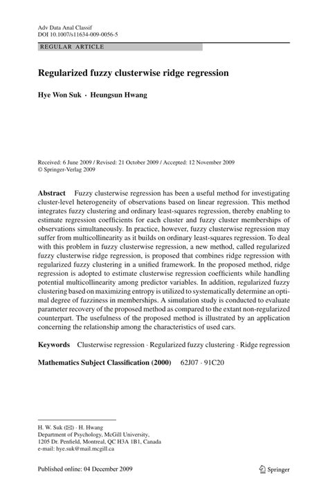 Pdf Regularized Fuzzy Clusterwise Ridge Regression