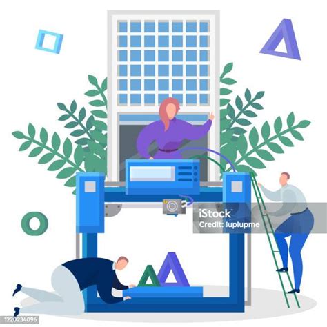 엔지니어 팀이 3d 프린터 벡터 일러스트레이션을 인쇄합니다 3차원 형태에 대한 스톡 벡터 아트 및 기타 이미지 3차원 형태 가공의 인물 개념 Istock