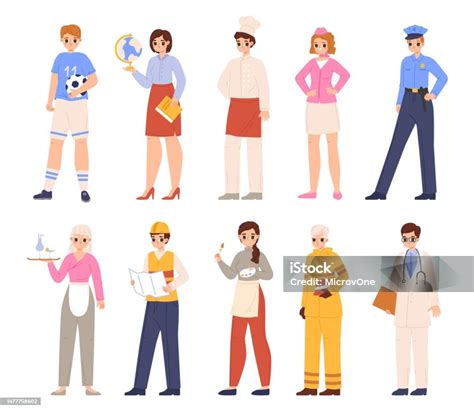 다양한 직업 캐릭터 의사 및 건설 필수 노동자 유니폼을 입은 젊은 성인 다른 직업 만화 꼭 맞는 벡터 사람들 경찰관에 대한 스톡