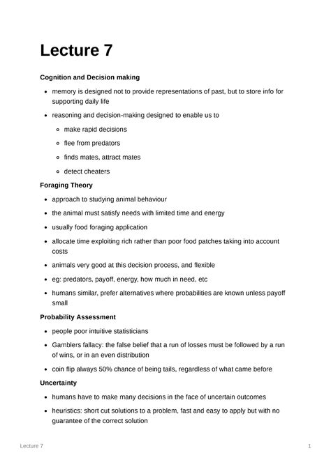 Lecture 7 Summary Lecture 7 1 Lecture 7 Cognition And Decision Making