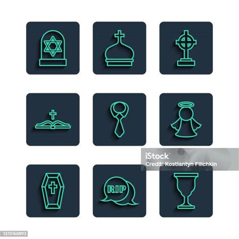 십자가 연설 거품 찢어 죽음 기독교 성배 무덤 넥타이 성경 책 스타 데이비드와 천사 아이콘세트 라인 관 벡터 상징에 대한 스톡 벡터 아트 및 기타 이미지 Istock