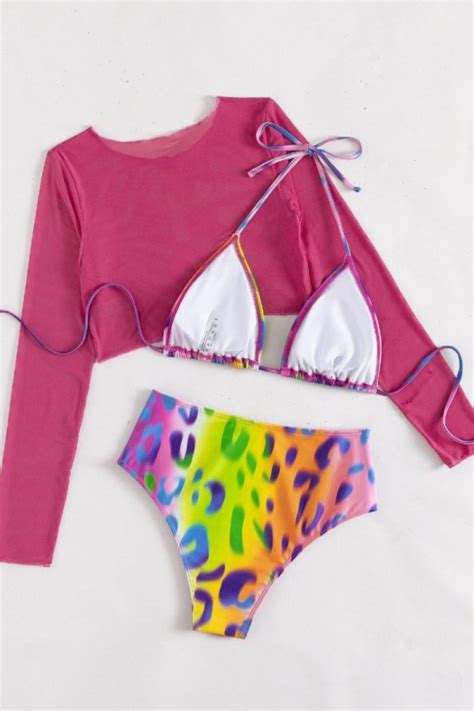 Wholesale Multicolor Sexy Print Bandage See Through Swimsuit Three