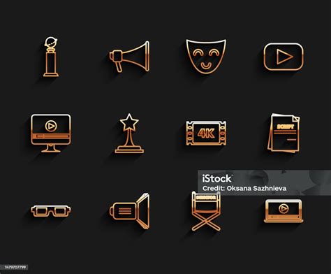 세트 라인 3d 시네마 안경 영화 스포트라이트 트로피 골든 글로브 감독 영화 의자 온라인 재생 비디오 트로피 시나리오 및 4k 영화 테이프 프레임 아이콘 벡터 노트북에 대한