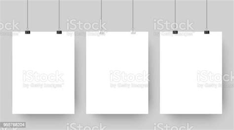 빈 표시 이랑 종이 클립에 매달려입니다 회색 배경 벡터 일러스트 레이 션에 그림자를 이해 하는 흰색 빈 광고 포스터 템플릿 벡터에 대한 스톡 벡터 아트 및 기타 이미지