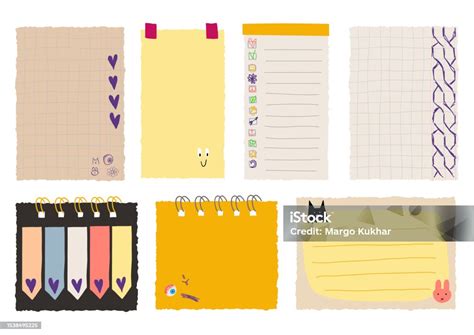 찢어진 종이 노트 컬렉션 플래너 스크랩북 일기 일정을 위한 손으로 그린 스티커 레트로 스타일의 귀여운 요소 스케치 드로잉 요소 벡터 만화 격리 된 그림 0명에 대한 스톡