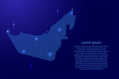 물결 모양의 파란색 공간 정현파 라인과 빛나는 별에서 아랍 에미리트 연방 국가의 실루엣 창의적인 발광 곡선의 윤곽 상태입니다 벡터 일러스트입니다 0명에 대한 스톡 벡터 아트