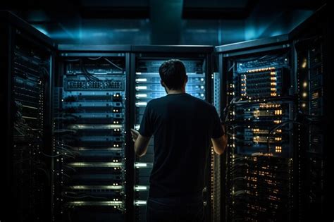 Sysadmin Engineer Working At Switchboard With Server Rack Premium Ai