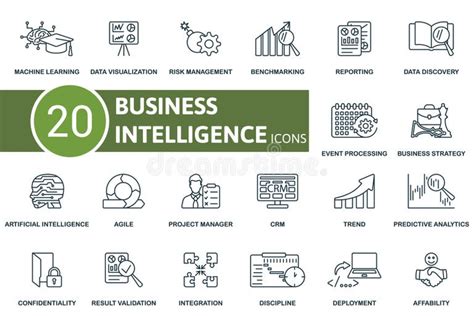 Business Intelligence Thin Line Icon Set Machine Learning Data Visualization Risk Management