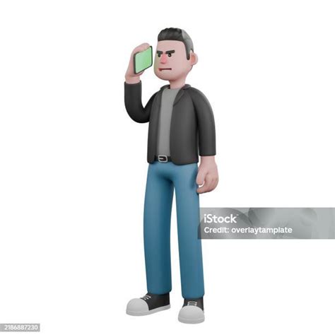 만화 스타일의 3d 한 손으로 휴대전화를 들고 진지한 표정을 짓고 있는 남성 시나리오 작가 시나리오 작가 캐릭터 일러스트 3차원 형태에 대한 스톡 사진 및 기타 이미지