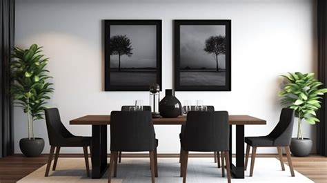 모의 포스터 프레임 3d 렌더링된 그림이 있는 현대적인 식당 인테리어 아파트 인테리어 녹색 방 방 디자인 배경 일러스트 및