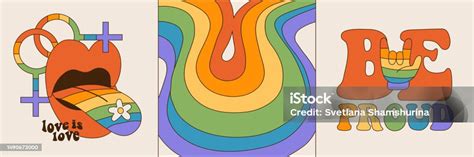 Lgbtq 프라이드의 달을 위한 그루비한 70년대 복고풍 포스트 세트 80년대 90년대 미적 광장 배너에는 퀴어 슬로건 문구 및