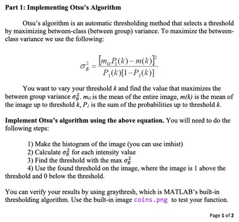 Part 1 Implementing Otsu S Algorithm Otsus Chegg