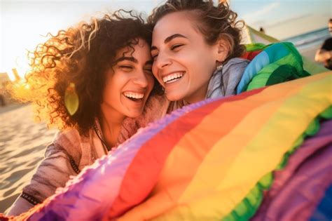 Premium Ai Image Happy Lesbian Couple Celebrating On The Beach At