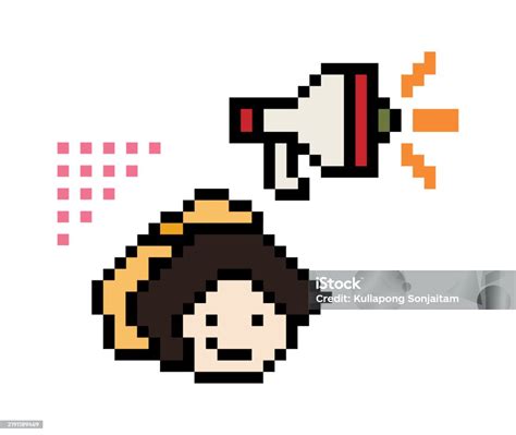 귀여운 픽셀 만화 캐릭터 여자 메가폰 발표 스피커 정보 장식 8 비트 여성 소녀 레이디 메가폰 만화 픽셀 게임 8 비트 벡터를 발표합니다 귀여운에 대한 스톡 벡터 아트 및