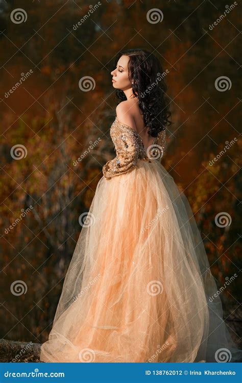 A Charming Girl Stands Alone And Poses For A Royal Picture A Pretty Princess In A Golden
