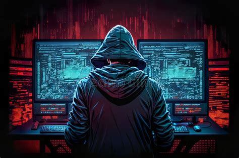 cyber criminal hacking system hacker at monitors back view