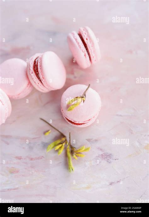 Pink Macarons Sit Artistically On A Light Pastel Surface Enhanced By Small Yellow Flowers