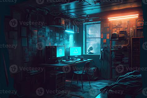 Illustration Of Messy And Dark Cyberpunk Hacker Hideout Room With