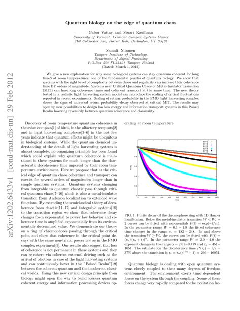 Pdf Quantum Biology On The Edge Of Quantum Chaos