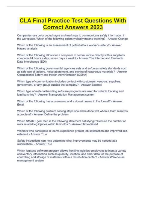 Cla Final Practice Test Questions With Correct Answers 2023 Cla