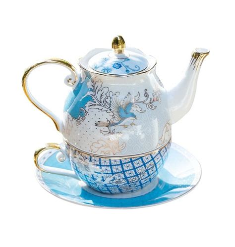 Acm수명 찻주전자 컵용 도자기 차 세트 본 차이나 블루 빈티지 꽃무늬 받침 골드 플로럴 세라믹 세트가 있는 티몬