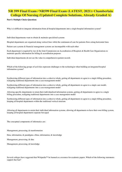 NR 599 Final Exam NR599 Final Exam Latest 2021 Chamberlain College