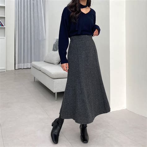 울 모직 헤링본 머메이드 주름 겨울 롱 스커트 에이블리
